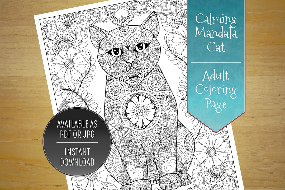 Calming Mandala Cat - Adult Coloring Page - Instant Download - Etsy