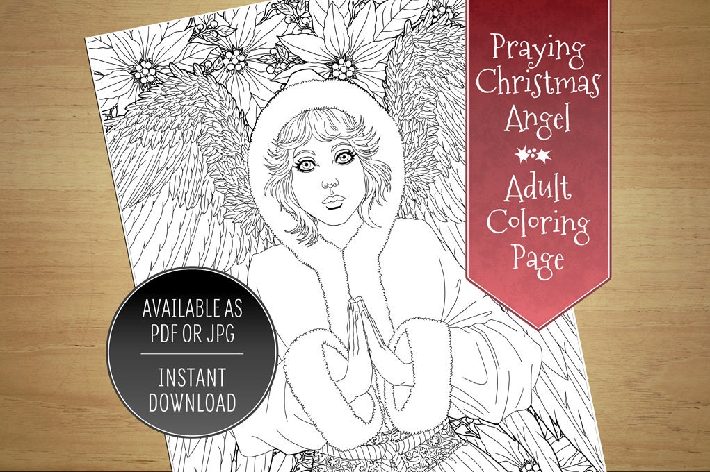 Praying Christmas Angel Adult Coloring Page Printable Instant Download ...