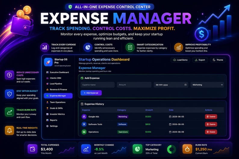 Startup Operations Dashboard Pro | Business CRM Template | Startup KPI ...