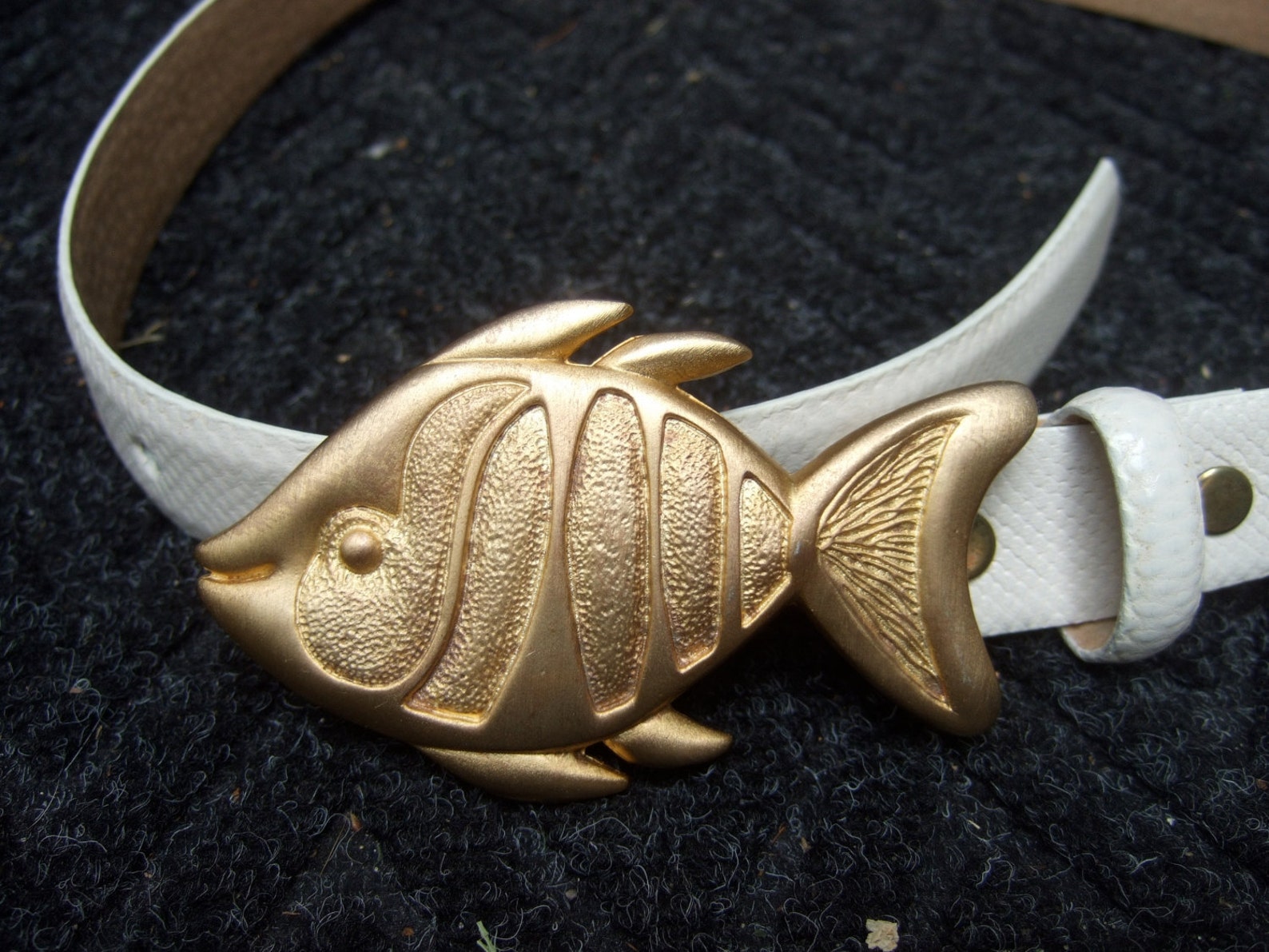 Gold Metal Fish Buckle With White Embossed Leather Belt Designed by ...