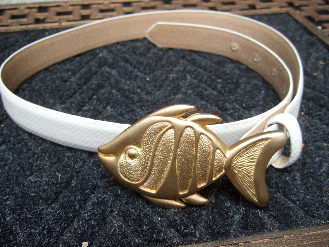 Gold Metal Fish Buckle With White Embossed Leather Belt Designed by ...