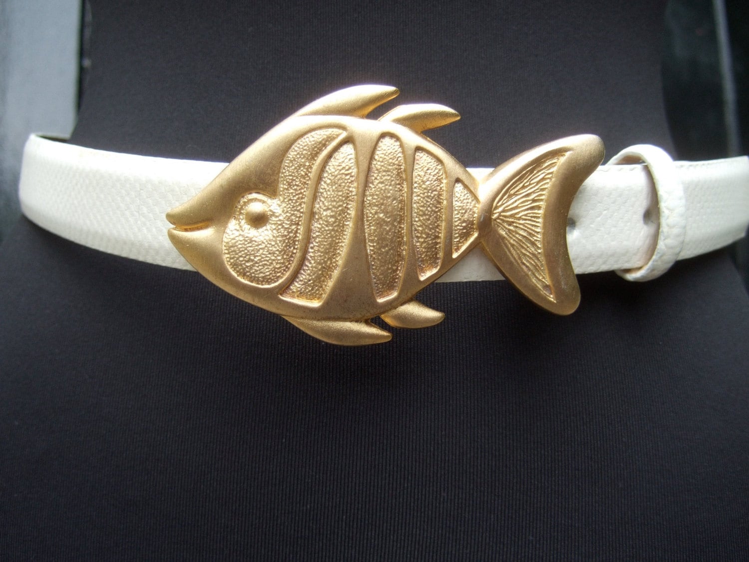 Gold Metal Fish Buckle With White Embossed Leather Belt Designed by ...