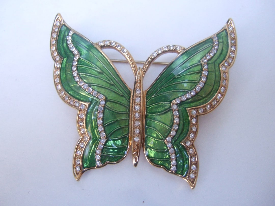 Elegant Green Enamel Crystal Butterfly Brooch - Etsy