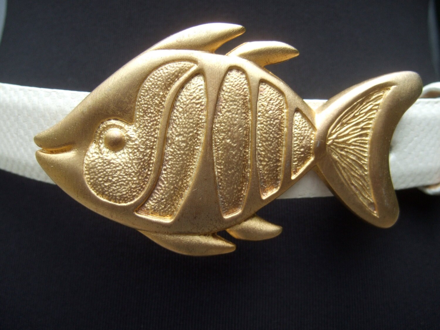 Gold Metal Fish Buckle With White Embossed Leather Belt Designed by ...