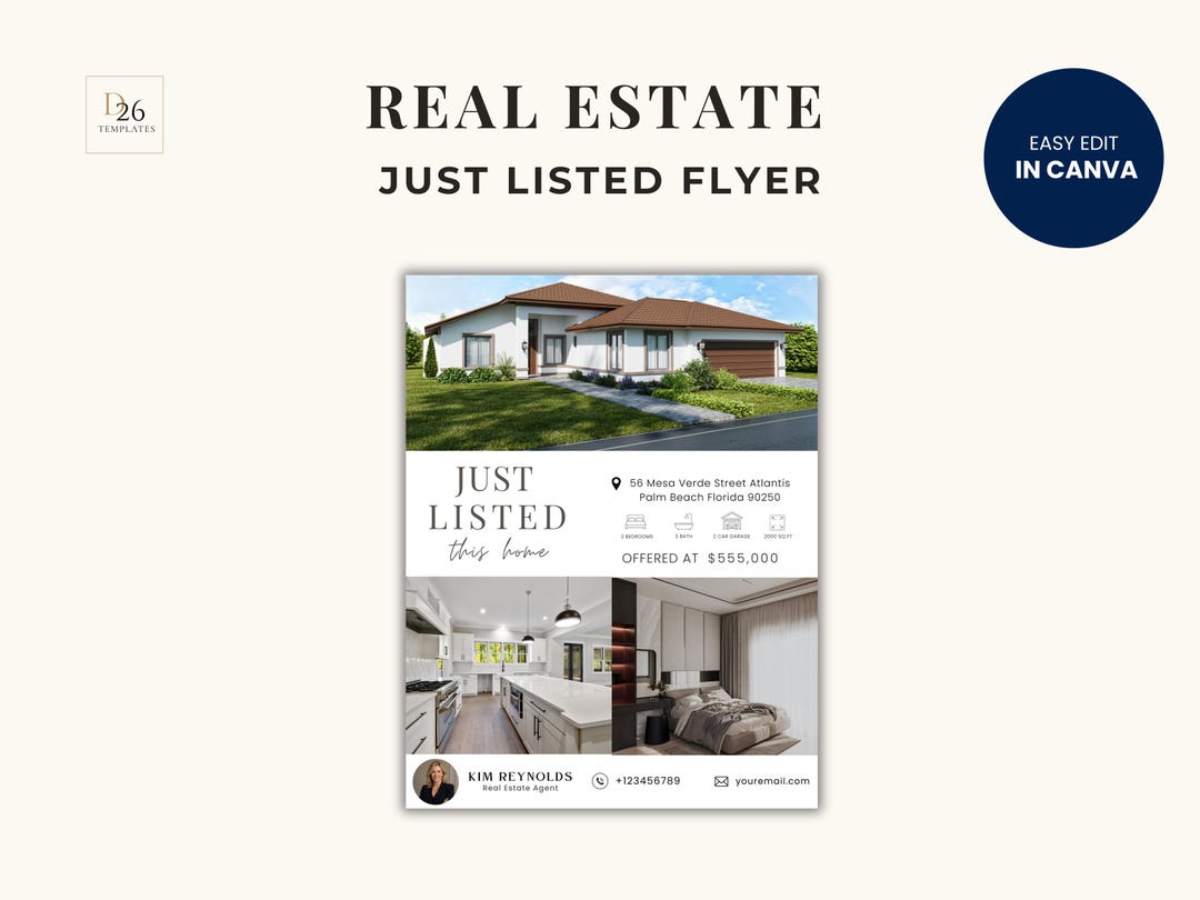 Minimalist Just Listed Flyer Template | Real Estate Editable Canva ...