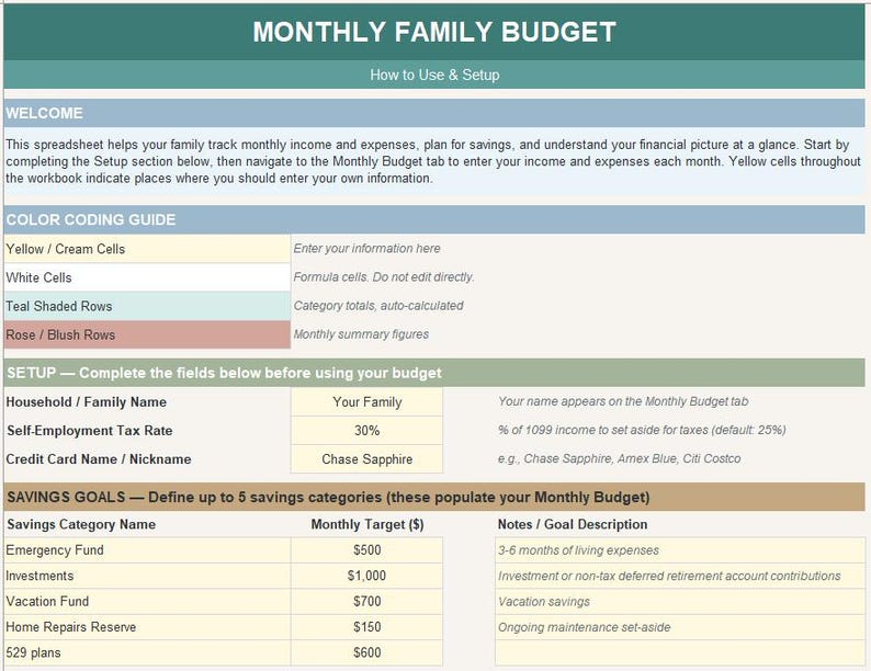 Monthly Family Budget Template | Scenario Testing & Self-employment Tax ...