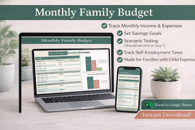 Monthly Family Budget Template | Scenario Testing & Self-employment Tax ...