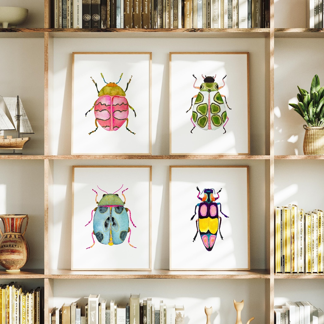 Colorful Watercolor Beetle Art Print Set of 4. Pink, Green, Blue ...