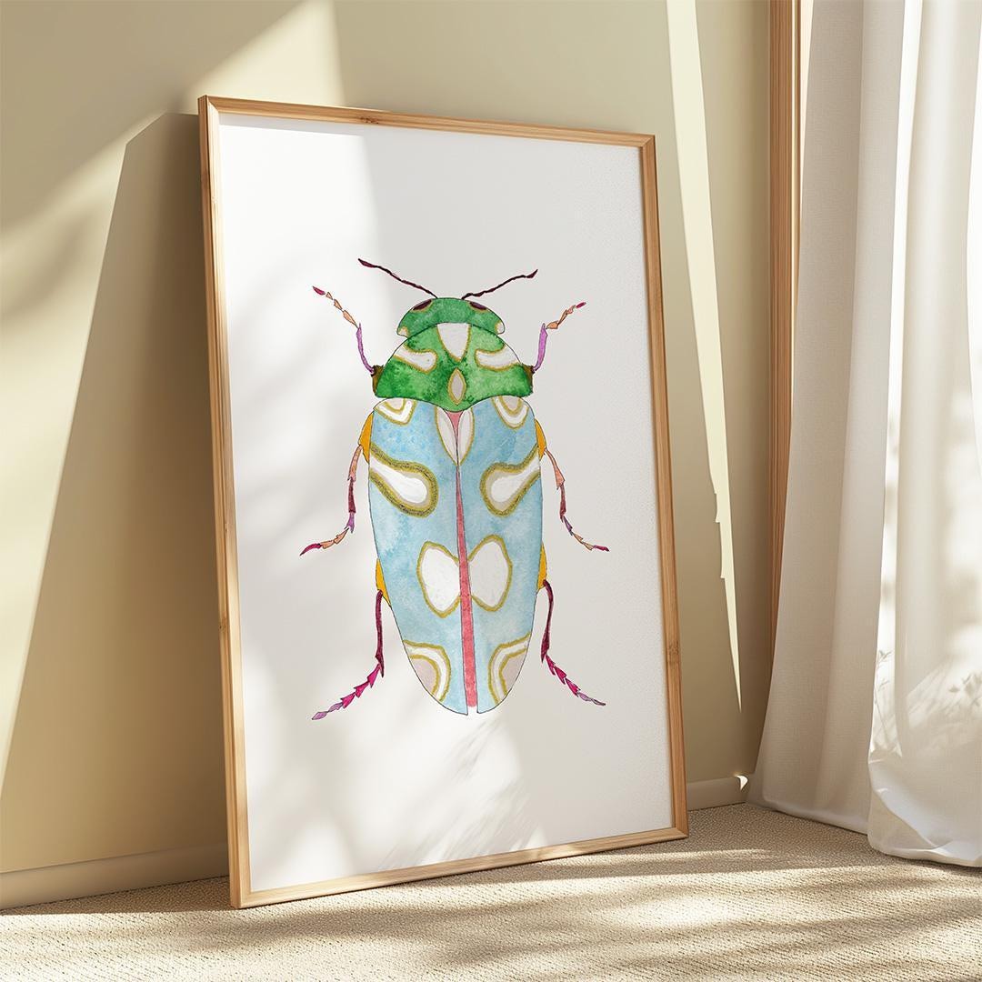 Bright Blue Green Watercolor Beetle Art Print. Fun Bug Decor. Insect ...