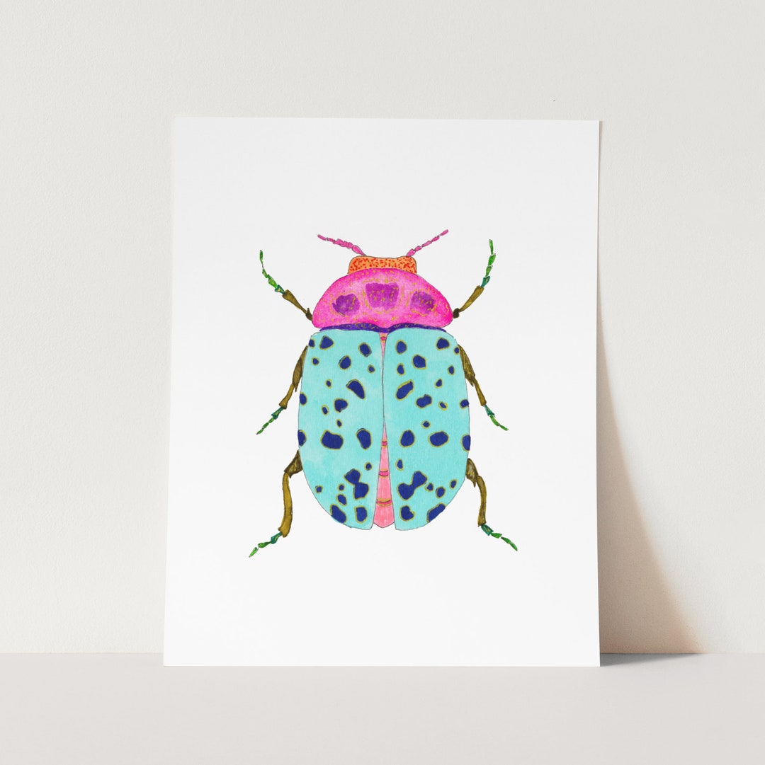 Colorful Beetle Art Print. Teal Blue and Pink Bug Art. Large Art Prints ...