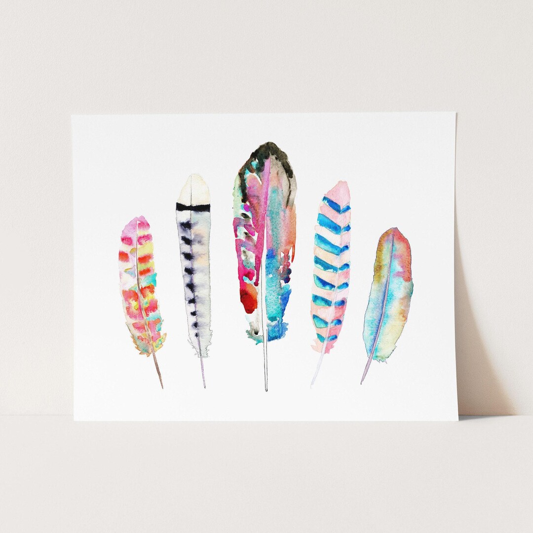 Colorful Boho Feather Art Print, Watercolor Feathers Wall Art, Kids ...