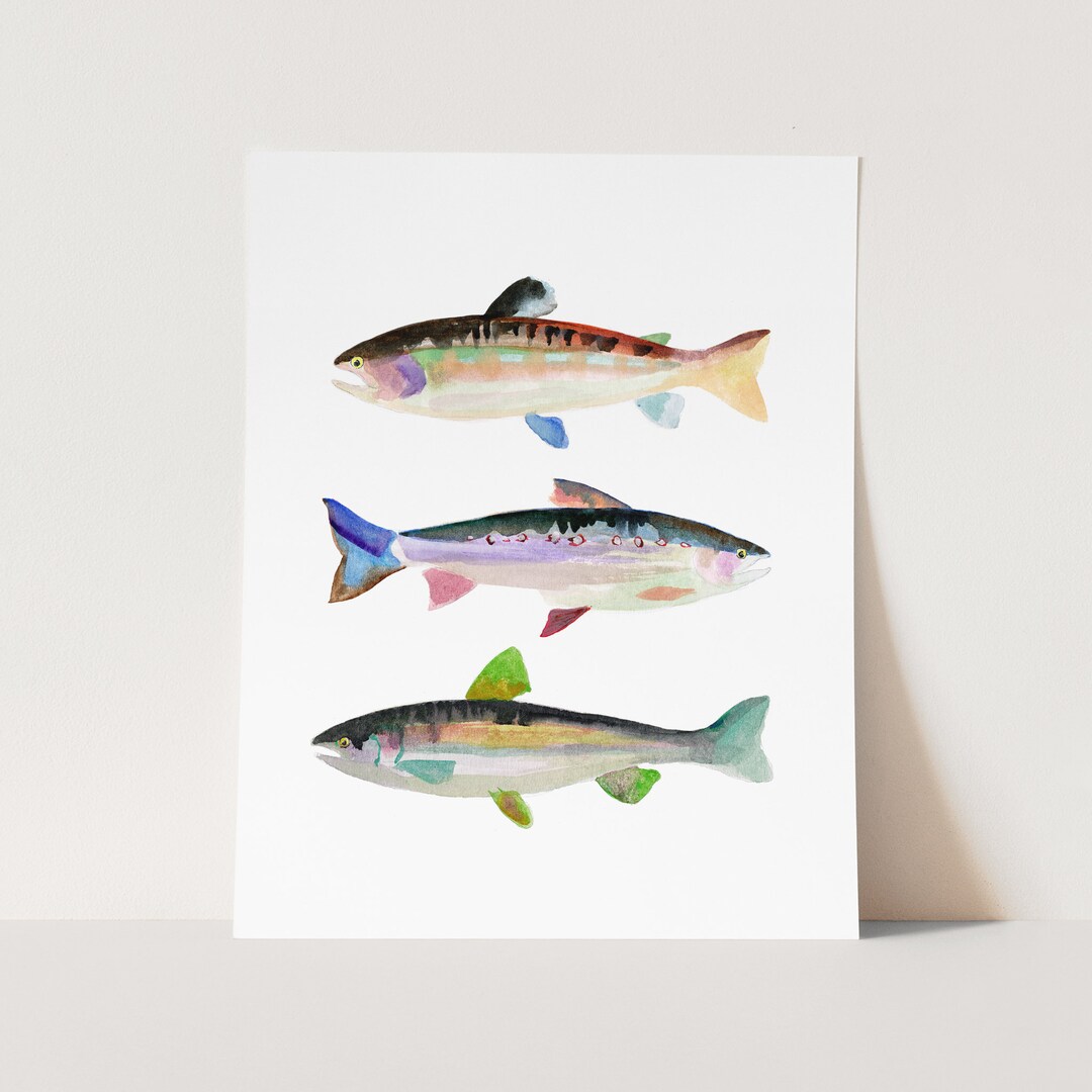 Trout Watercolor Art Print. Blue & Green Watercolor Fish Art Painting ...