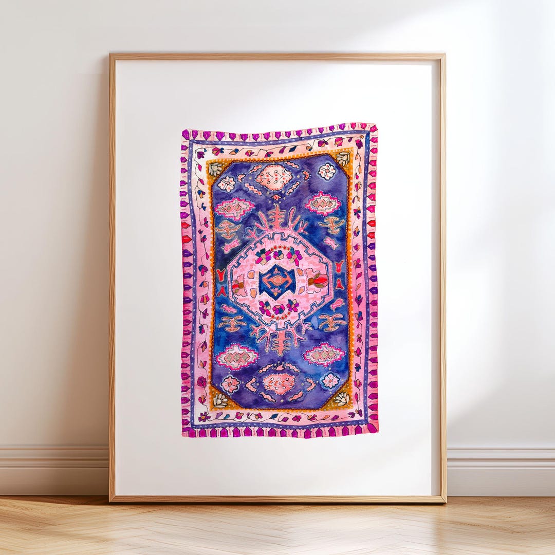 Vibrant Watercolor Rug Art Print. Purple Pink Blue Rug Painting. Modern ...