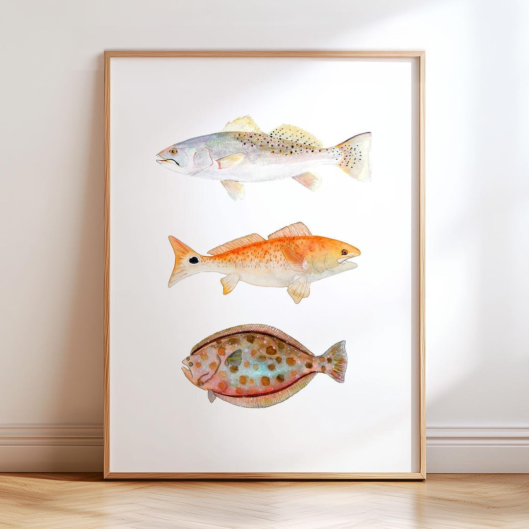 Vibrant Texas Grand Slam Watercolor Art Print. Flounder Speckled Trout ...