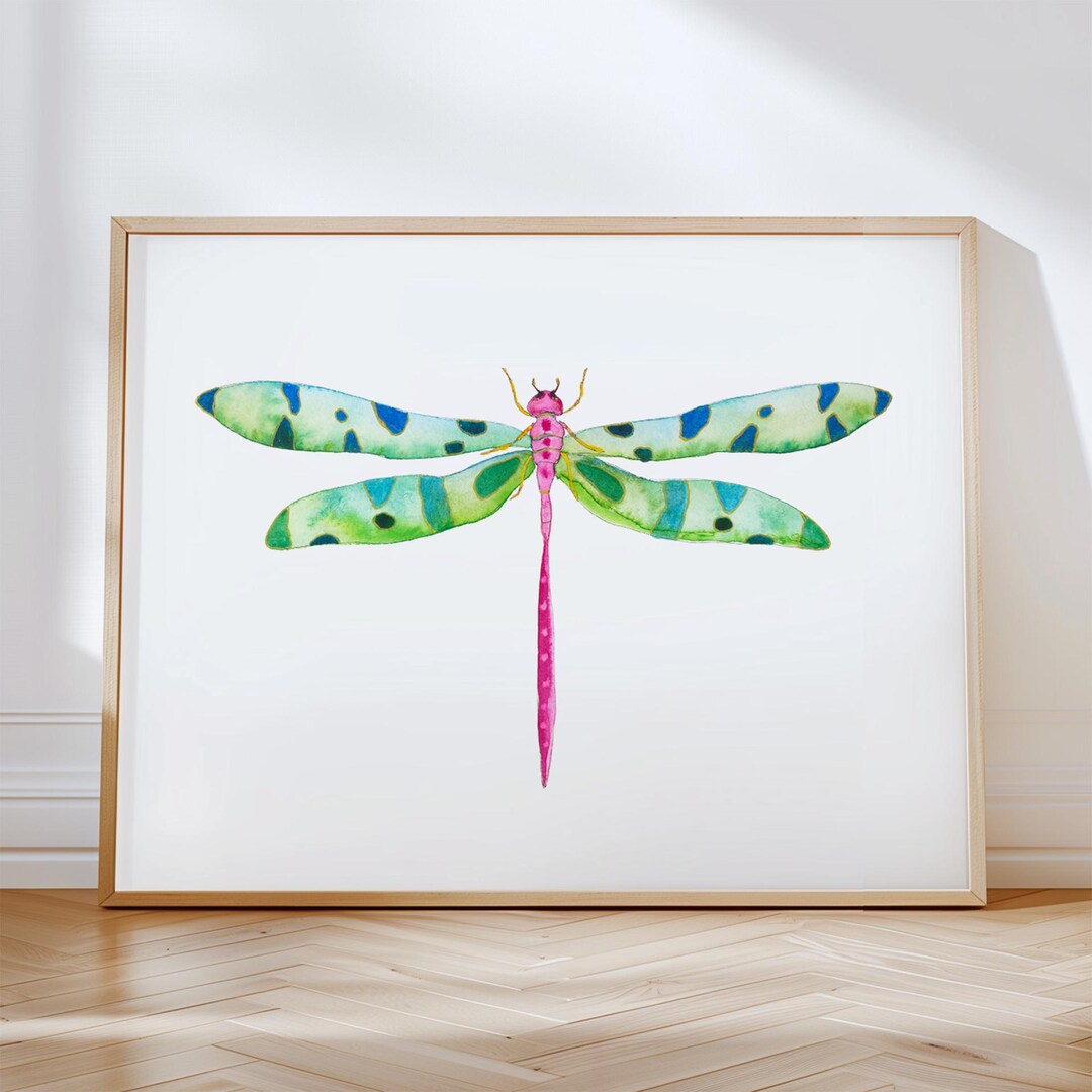 Vibrant Green Bluewatercolor Dragonfly Art Print. Bug Art. Colorful ...