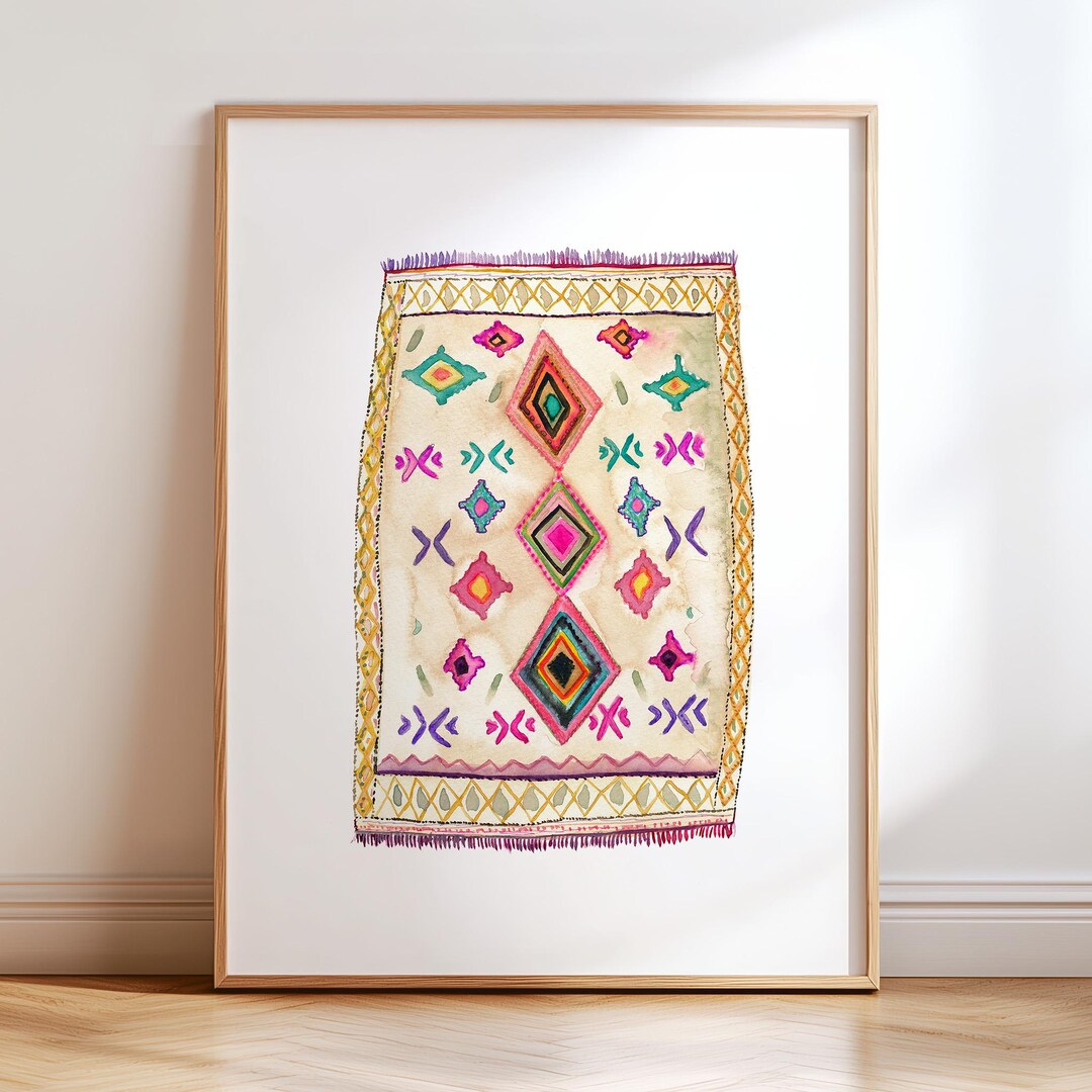 Colorful Watercolor Moroccan Rug Art Print. Boho Rugs Painting. Antique ...