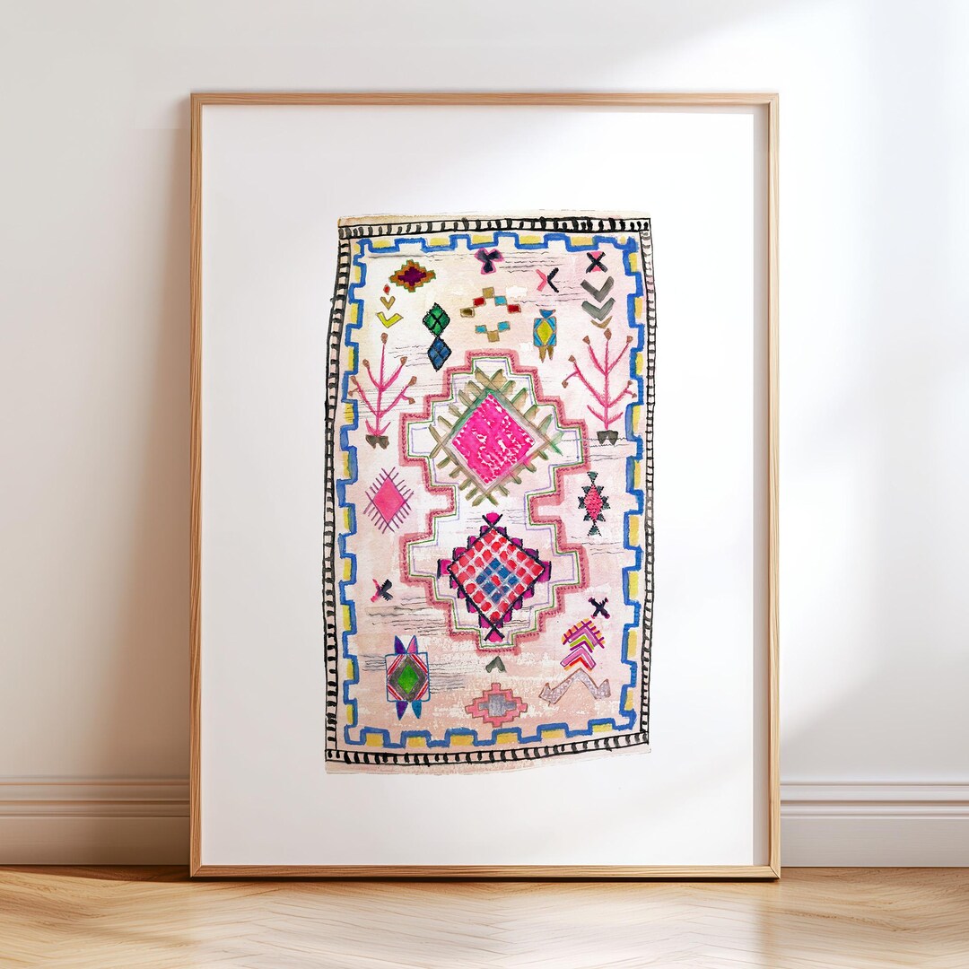Colorful Watercolor Rug Art Print. Pink Blue Yellow Moroccan Rugs ...