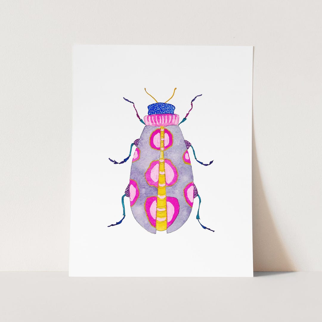 Watercolor Beetle Art Print. Colorful Beetle Art. Pink Beetle Art Print ...