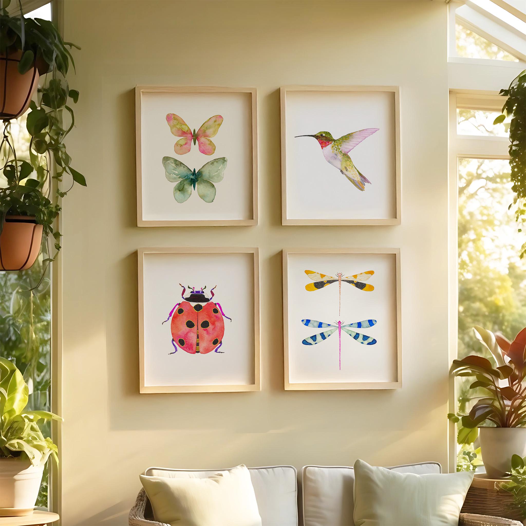 Vibrant Watercolor Spring Art Print Set of 4. Butterfly, Hummingbird ...