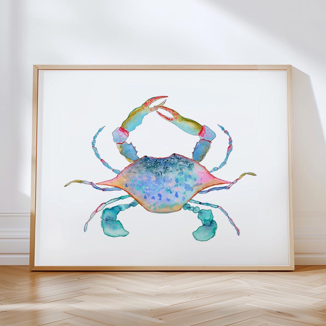 Vibrant Watercolor Blue Crab Art Print. Blue Pink Green Crab Wall Art ...