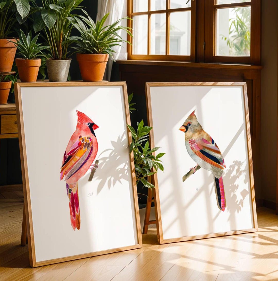 Cardinal Watercolor Art Print Set of Two, Red Male + Brown Female ...