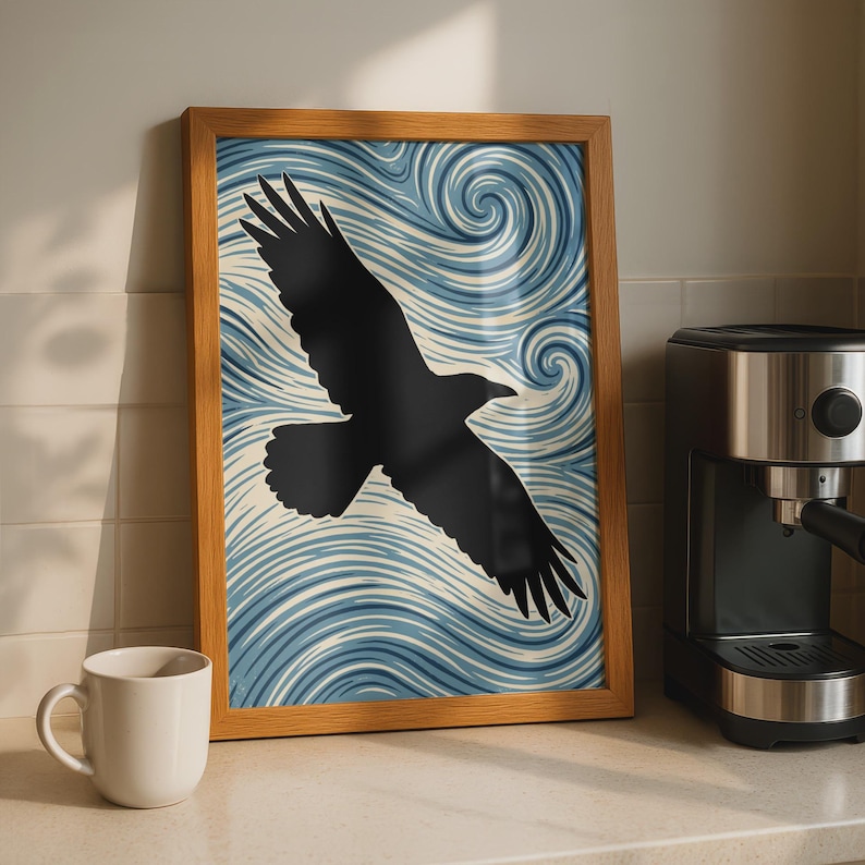 Crow Art Print Bird Silhouette Above Blue Waves Abstract Wall Decor - Etsy