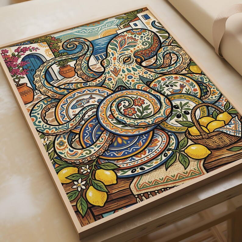 Patterned Octopus Print, Mediterranean Folk Art, Coastal Kitchen Wall ...