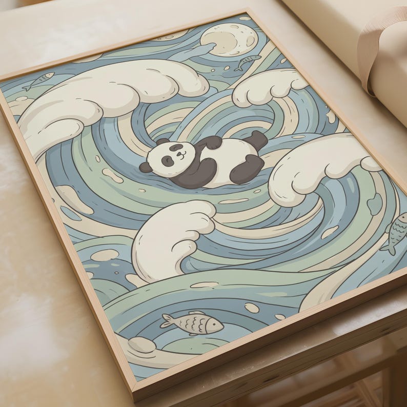 Panda Floating Waves Cartoon Art Print: Whimsical Ocean Animal Wall ...