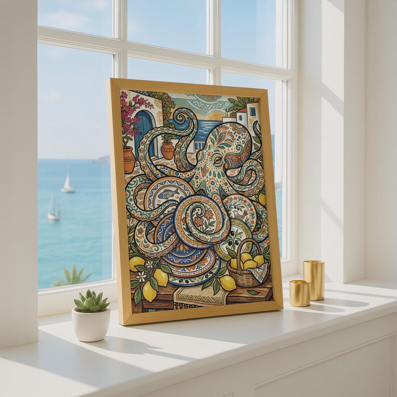 Patterned Octopus Print, Mediterranean Folk Art, Coastal Kitchen Wall ...