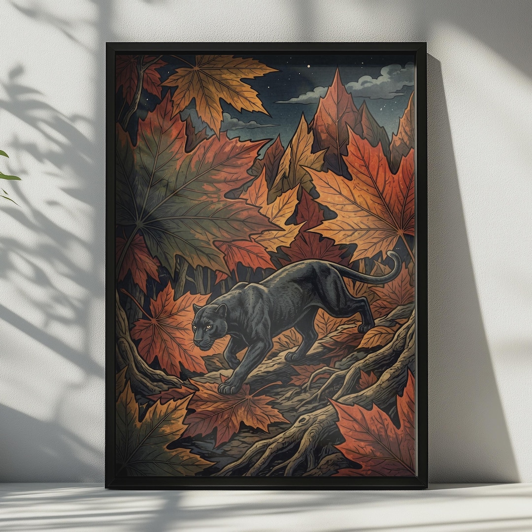 Black Panther Autumn Leaves Art Print Wildlife Poster Nature Decor ...