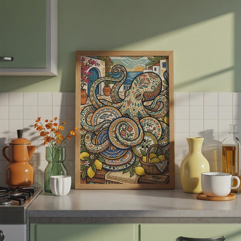 Patterned Octopus Print, Mediterranean Folk Art, Coastal Kitchen Wall ...