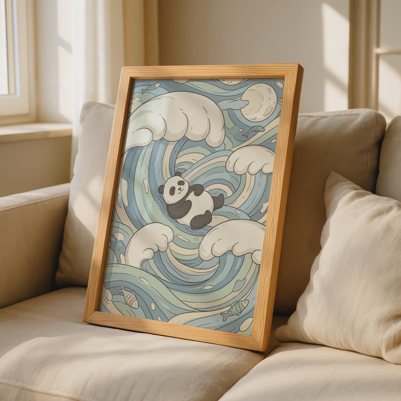 Panda Floating Waves Cartoon Art Print: Whimsical Ocean Animal Wall ...