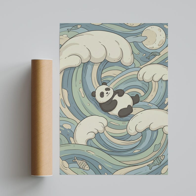 Panda Floating Waves Cartoon Art Print: Whimsical Ocean Animal Wall ...