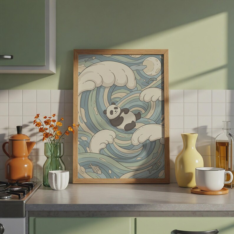 Panda Floating Waves Cartoon Art Print: Whimsical Ocean Animal Wall ...