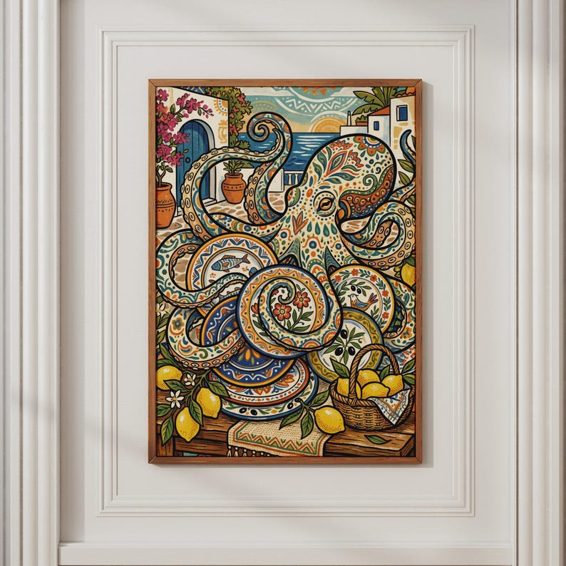 Patterned Octopus Print, Mediterranean Folk Art, Coastal Kitchen Wall ...