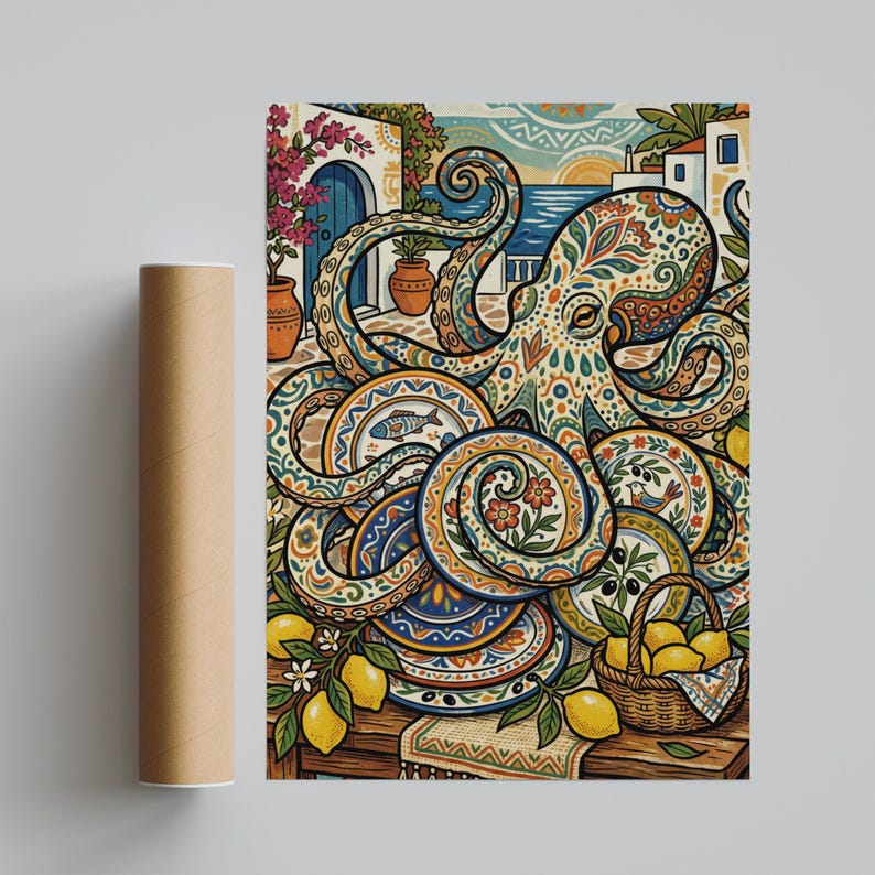 Patterned Octopus Print, Mediterranean Folk Art, Coastal Kitchen Wall ...