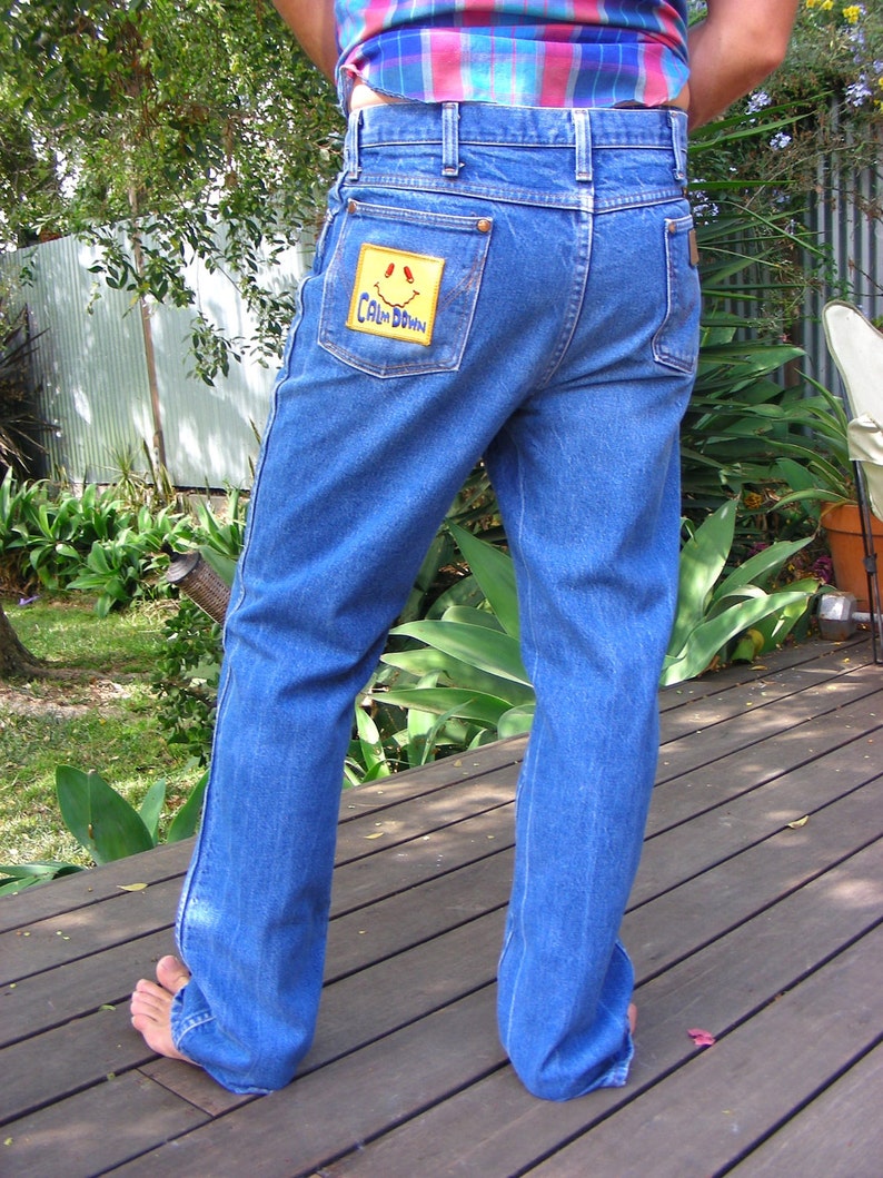 Vintage Wrangler Denim Jeans With Trippy Vintage 70s CALM DOWN Patch ...