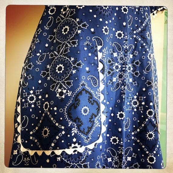 COUNTRY Vintage 70s Blue BANDANA Design with Pockets … - Gem