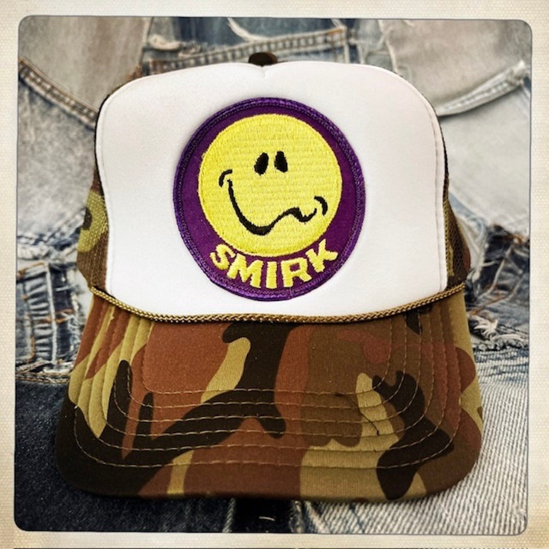 SMIRK! Vintage 70s Limited Edition 'SMIRK' Smiley Face Patch Stitched on New Camouflage Snapback ...