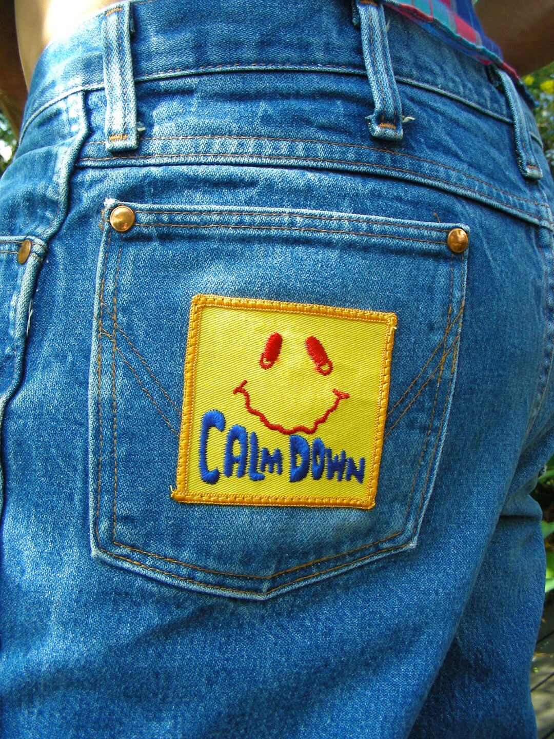 Vintage Wrangler Denim Jeans With Trippy Vintage 70s CALM DOWN Patch ...