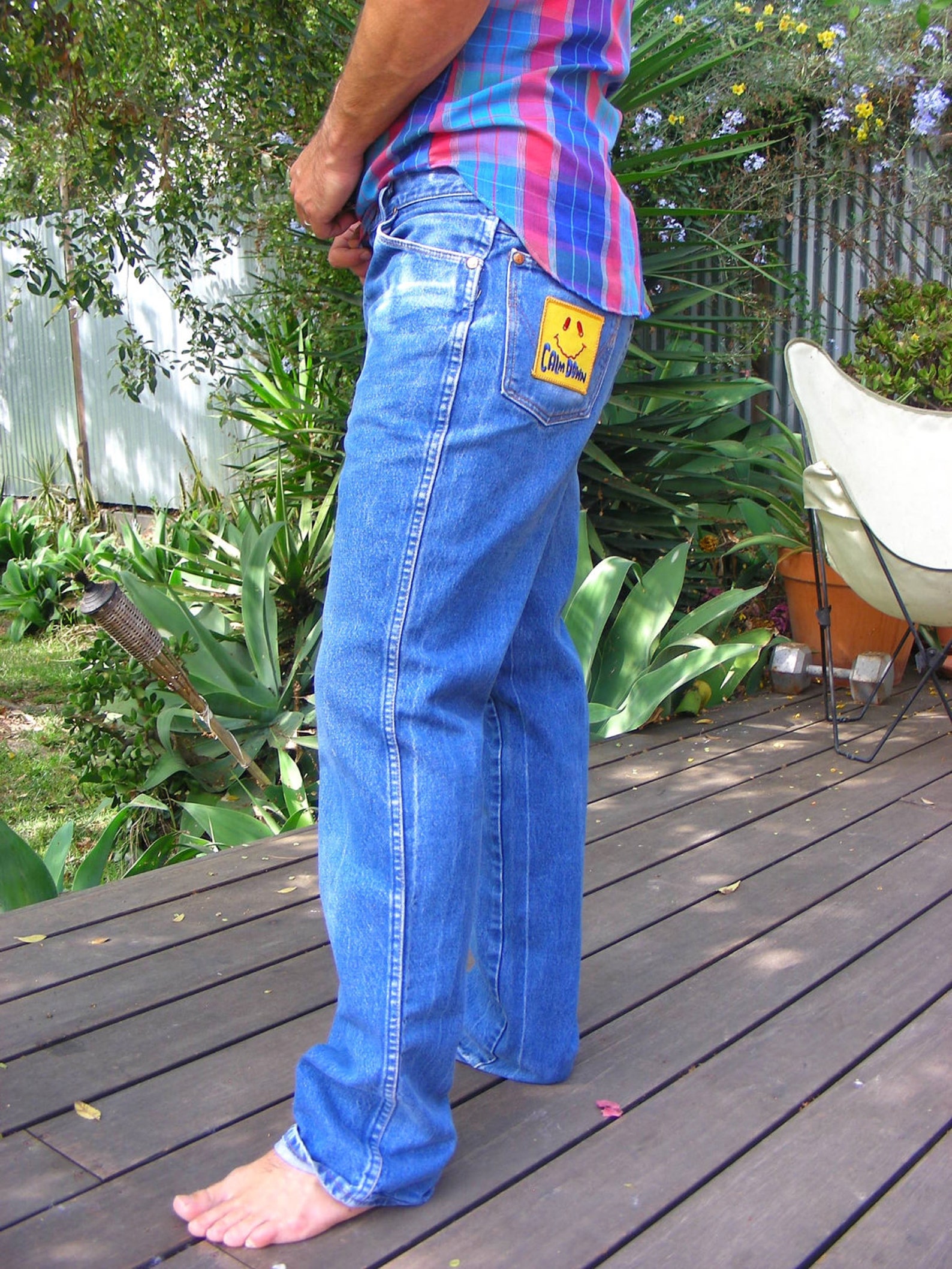 Vintage Wrangler Denim Jeans With Trippy Vintage 70s CALM DOWN Patch ...