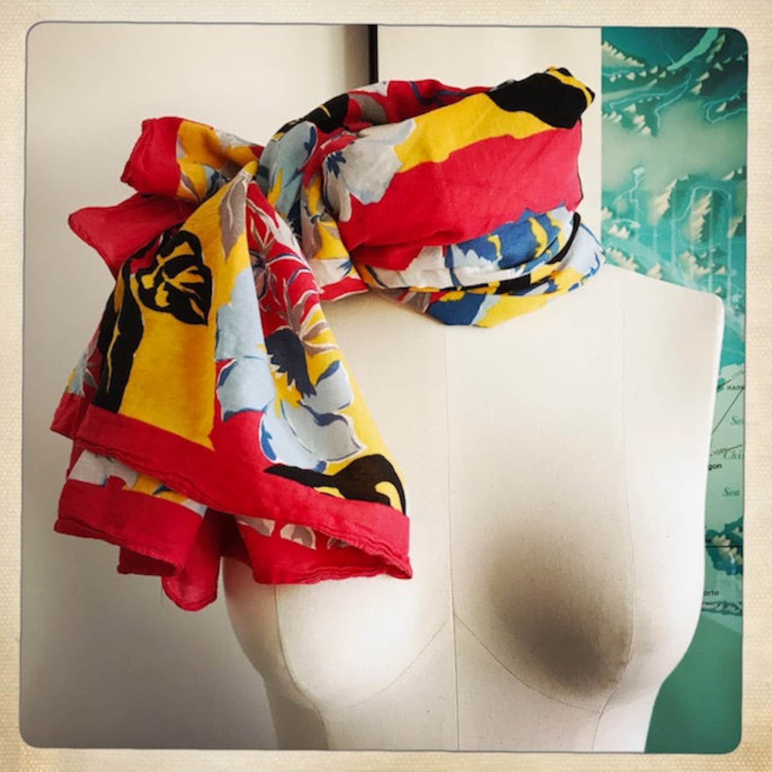 Vintage 80s Cotton FLORAL CORAL Multi Color Scarf Hippie Boho - Etsy
