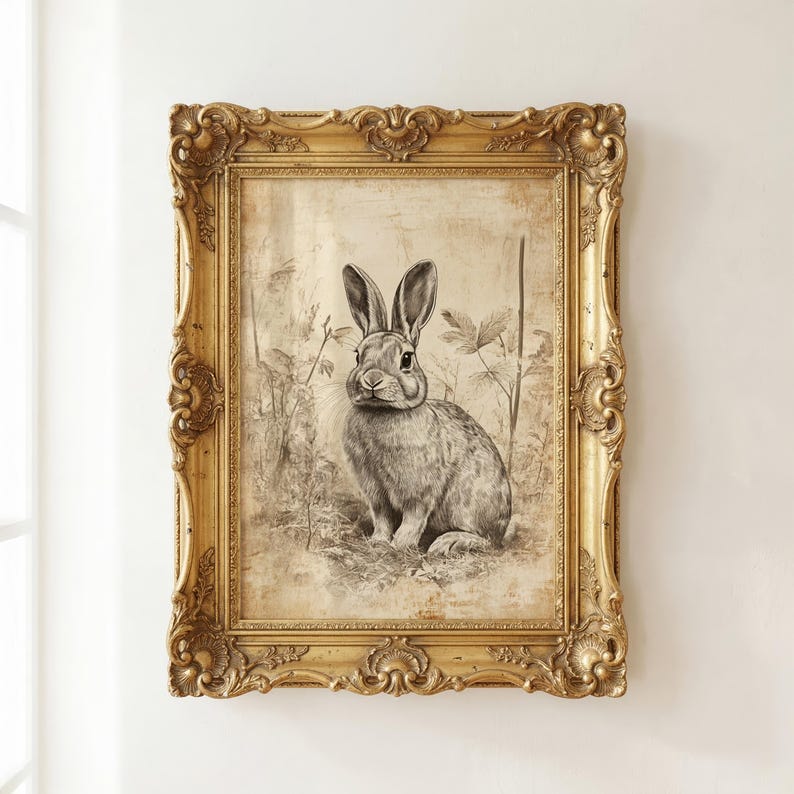 Vintage Rabbit Sketch, Botanical Pencil Drawing Printable Wall Art ...