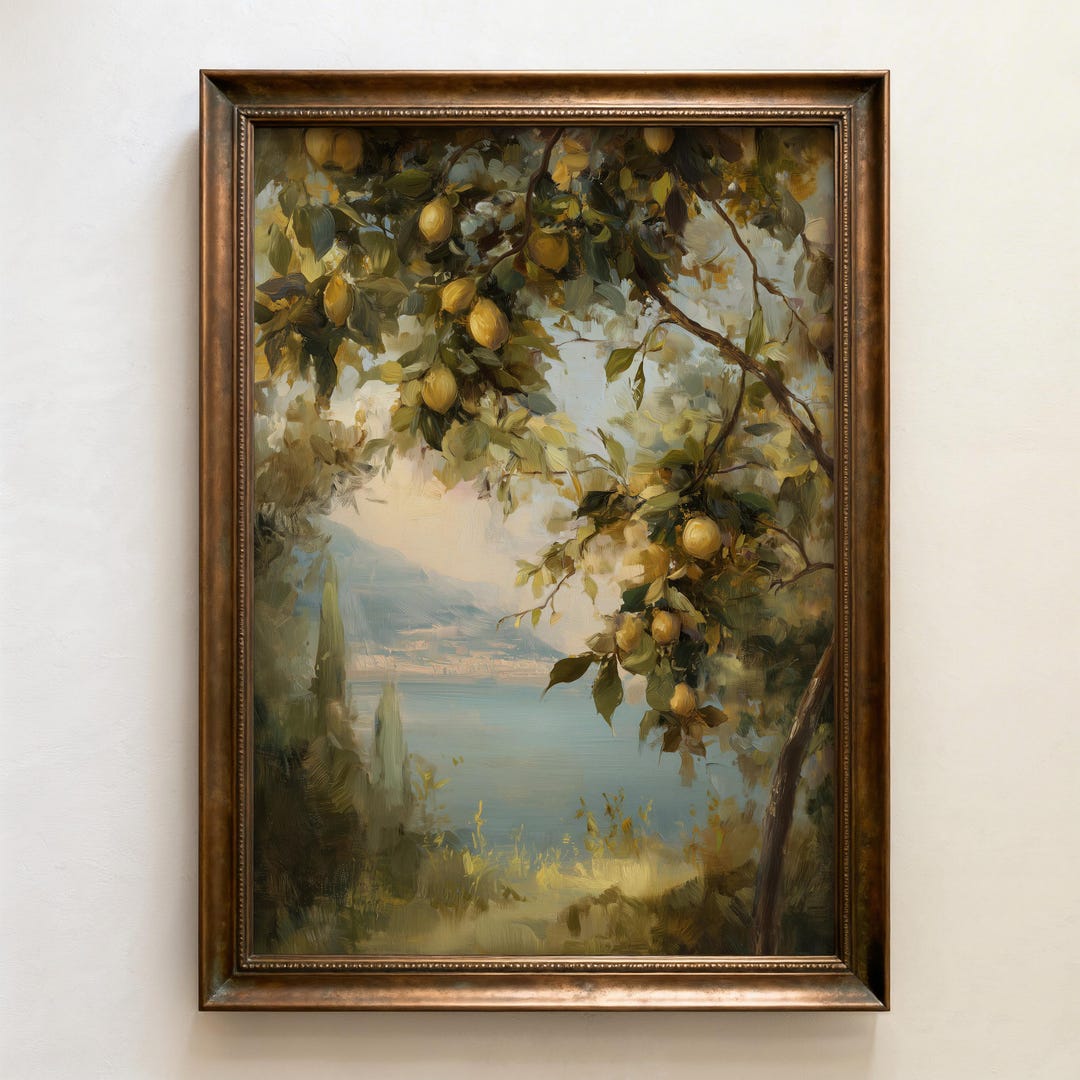 Pintura de um exuberante pomar de limões, paisagem mediterrânea ...