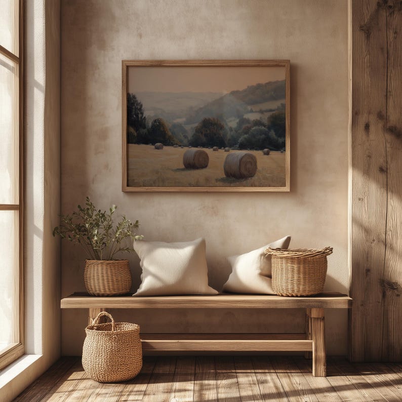 Round Hay Bales Landscape Painting, Cozy Farmhouse Wall Art (digital ...
