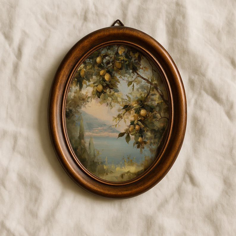 Pintura de um exuberante pomar de limões, paisagem mediterrânea ...