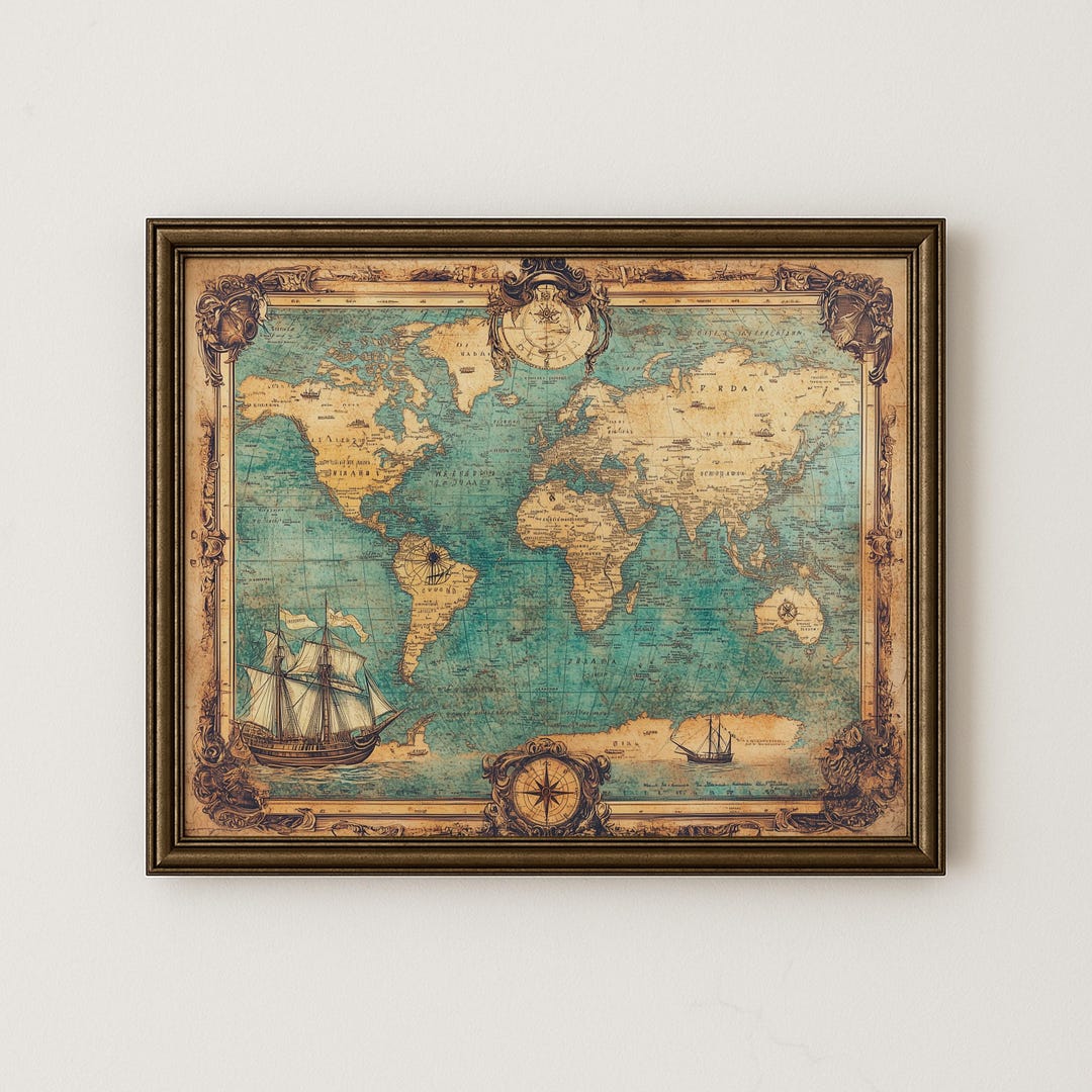 Mapa-múndi em estilo do século XVII, arte náutica antiga para parede ...