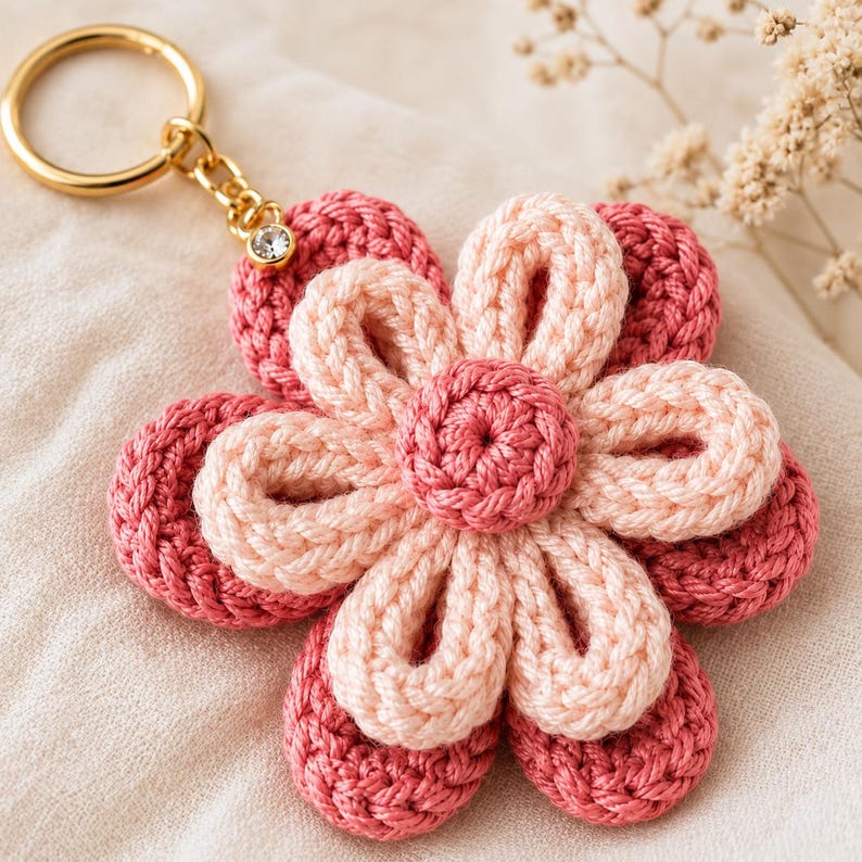 Crocheted Flower Keychain Pattern | Layered Petal Bag Charm DIY (PDF ...