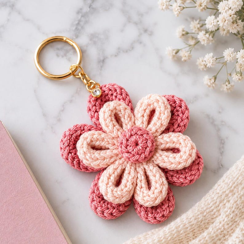 Crocheted Flower Keychain Pattern | Layered Petal Bag Charm DIY (PDF ...