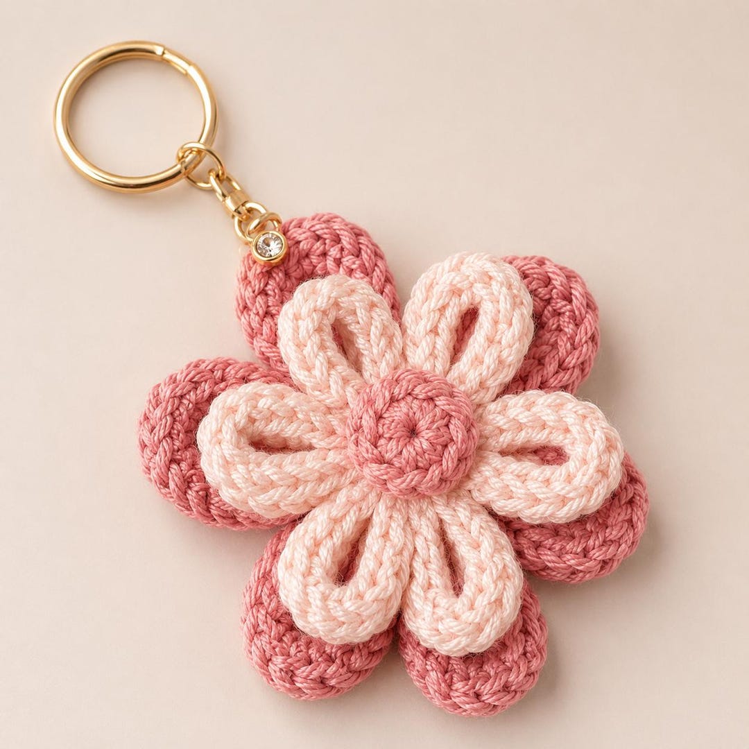 Crocheted Flower Keychain Pattern | Layered Petal Bag Charm DIY (PDF ...